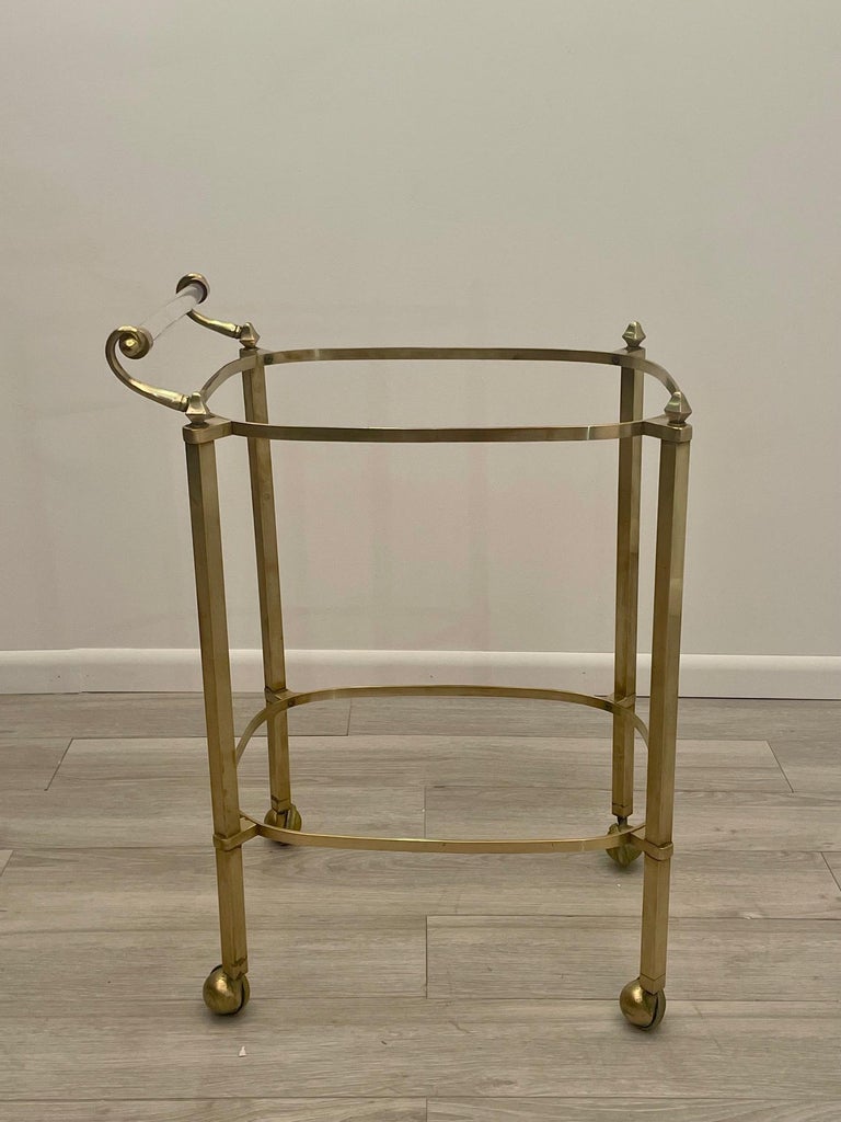 Glamorous Oval Brass and Glass Two Tier Bar Cart with Schnazzy Lucite ...