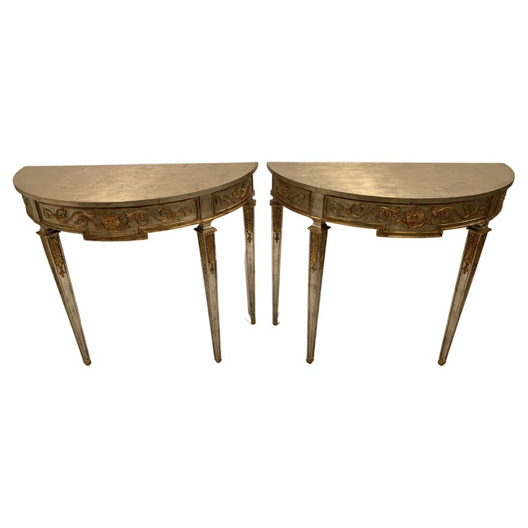 Glamorous Pair of Silver and Gold Leaf Demilune Console Tables at 1stDibs