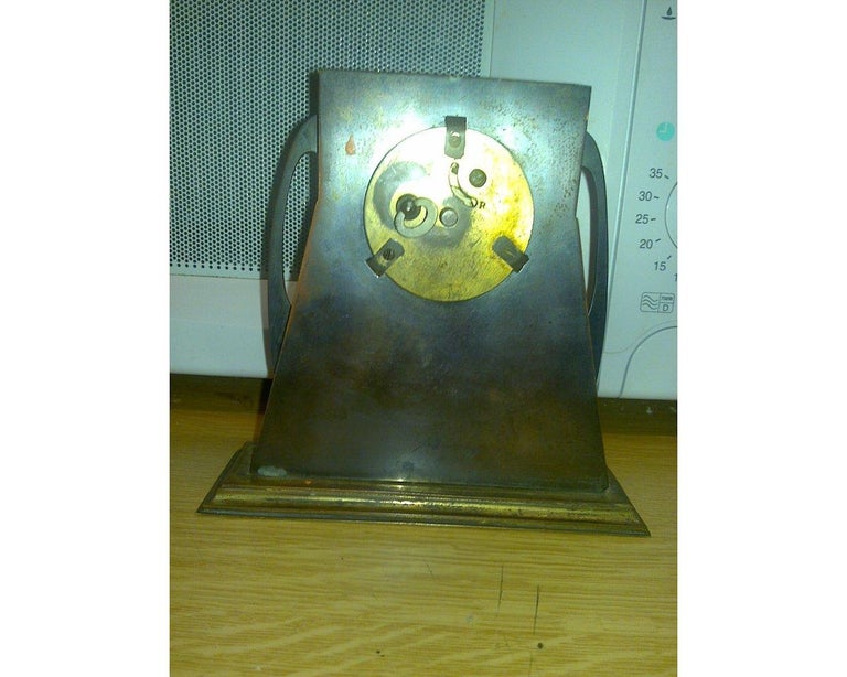 Glasgow School Patinated Brass Clock with Mother-Of-Pearl Inlaid Square ...