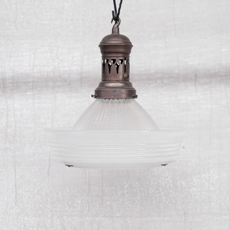Glass and Brass Holophane Antique Pendant Light For Sale at 1stDibs