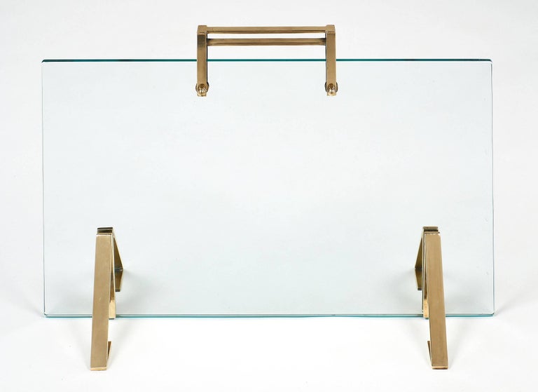 Glass and Brass Midcentury Fire Screen Attributed to Jacques Adnet at ...