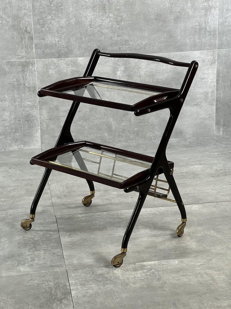 Glass and Brass Wooden Drink Trolley, 1950s For Sale at 1stDibs