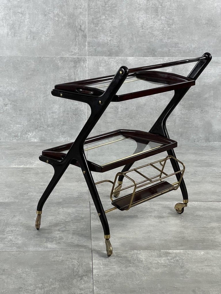 Glass and Brass Wooden Drink Trolley, 1950s For Sale at 1stDibs