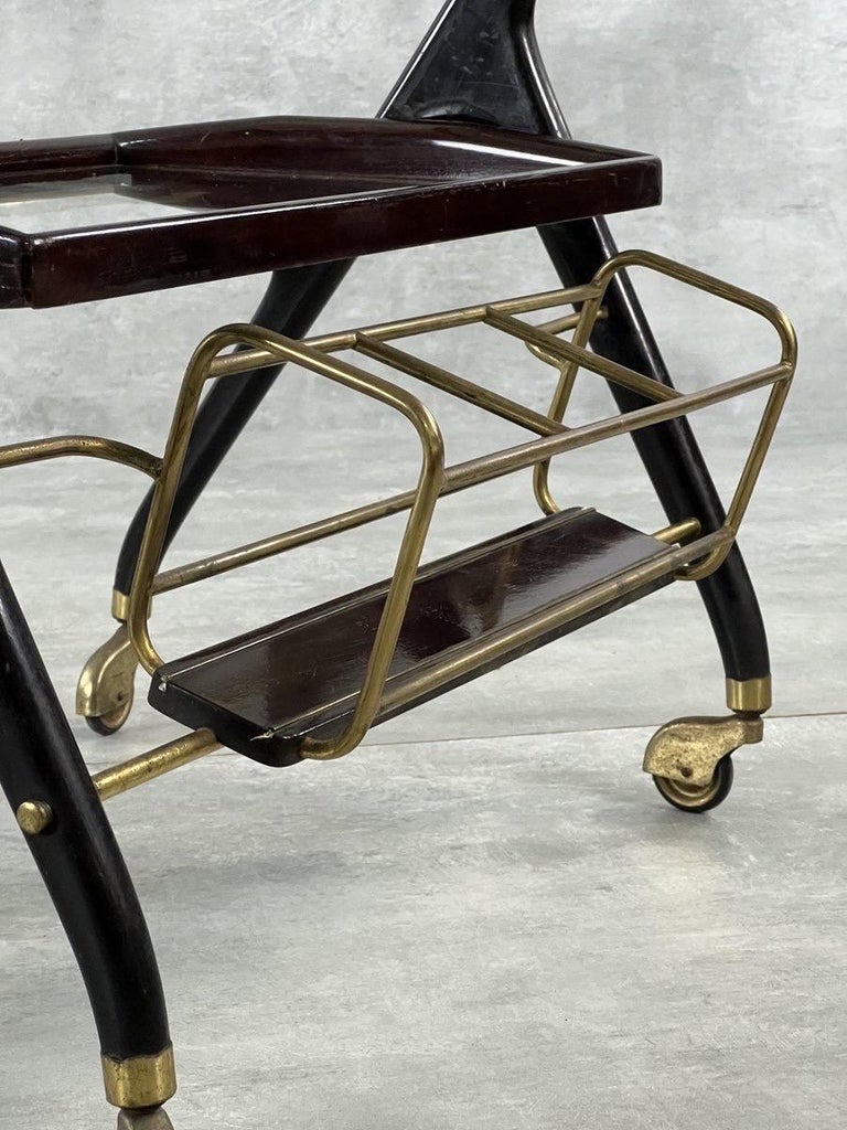 Glass and Brass Wooden Drink Trolley, 1950s For Sale at 1stDibs