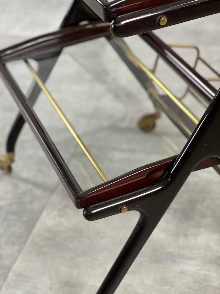 Glass and Brass Wooden Drink Trolley, 1950s For Sale at 1stDibs