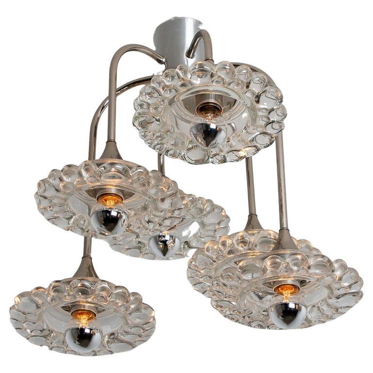 Glass and Chrome Chandelier by Hillebrand, 1960s For Sale at 1stDibs