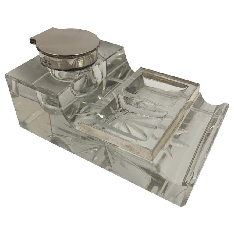 Glass and Silver Desk/Inkwell with Stamp Section For Sale at 1stDibs