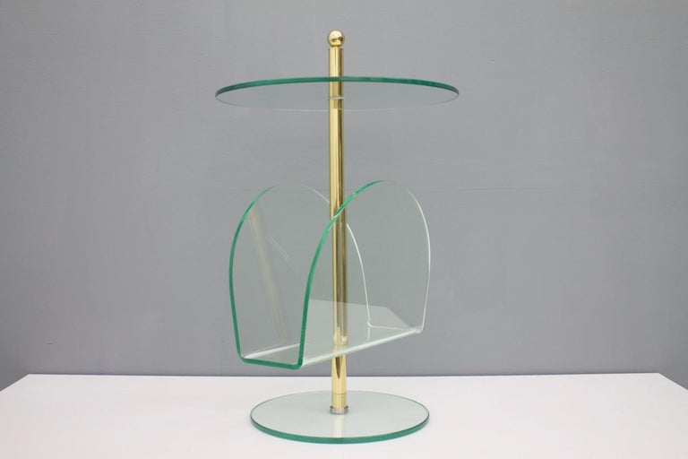 Glass, Brass and Lucite Magazine Rack Side Table, 1980s at 1stDibs
