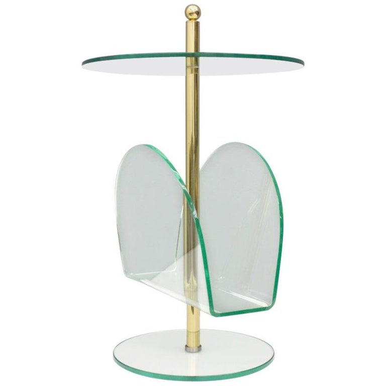 Glass, Brass and Lucite Magazine Rack Side Table, 1980s at 1stDibs