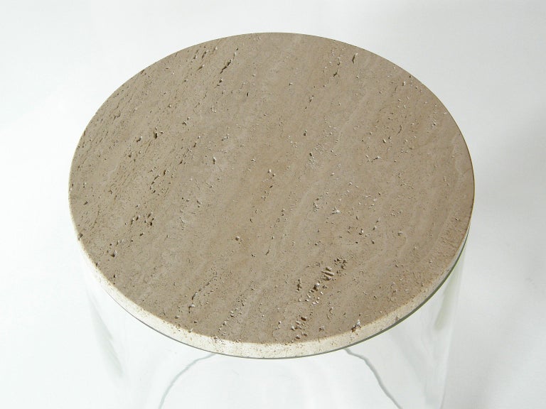 Glass Cylinder Side Table with Travertine Top circa 1970s Minimalist ...