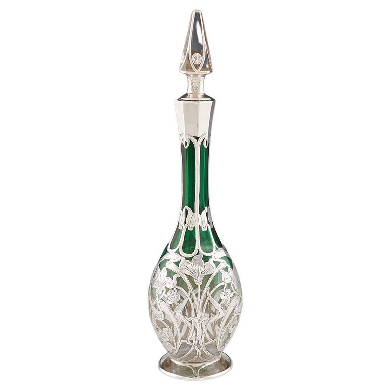 “Glass Decanter” American Green Glass Decanter with Silver overlay by ...