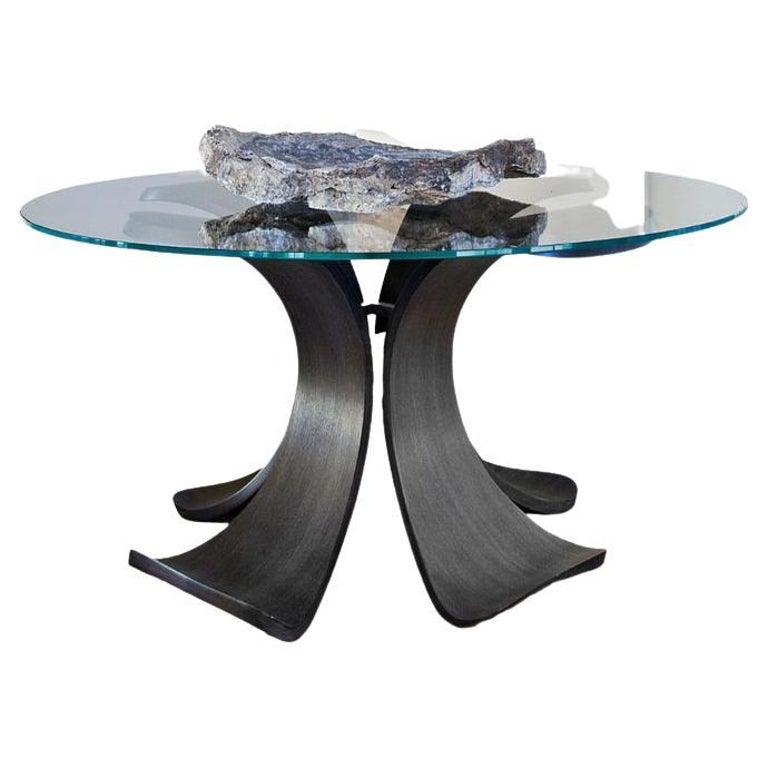 Glass Dining Table with Blackened Oak”Orchid” Four Petal Base For Sale ...