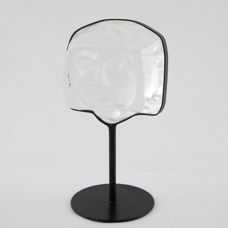 Glass Face Sculpture on Iron Stand by Erik Hoglund for Kosta Boda ...
