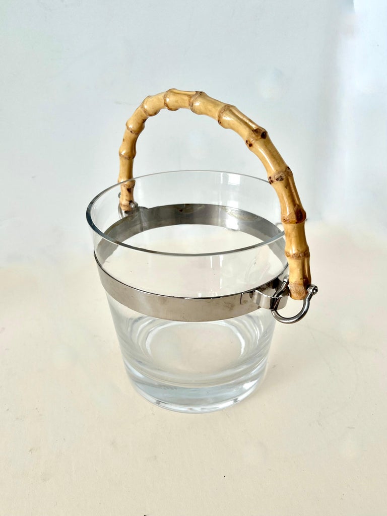 Glass Ice Bucket with Silver Stripe and Bamboo Handle in Style of Ralph ...