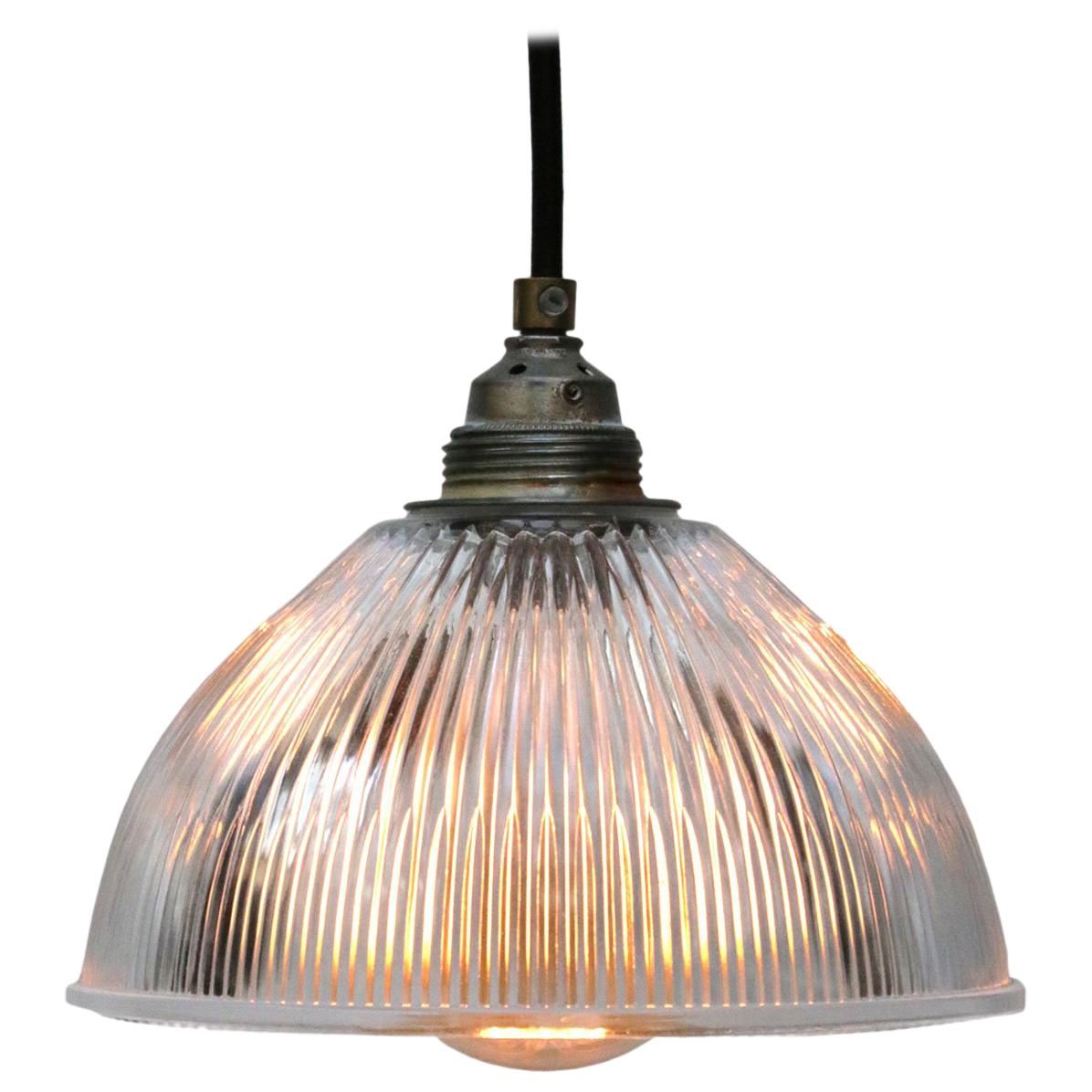 Glass Shade Industrial Holophane Glass Hanging Lights For Sale at 1stDibs
