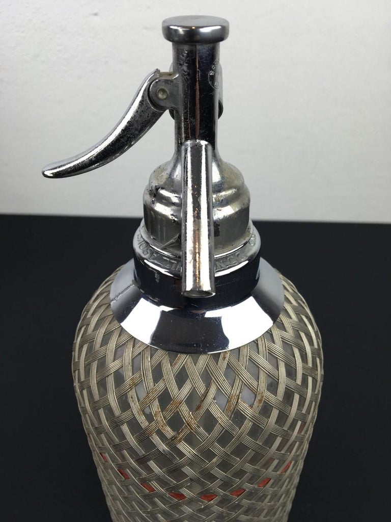 Glass Soda Siphon by Sparklets London with Wire Mesh at 1stDibs