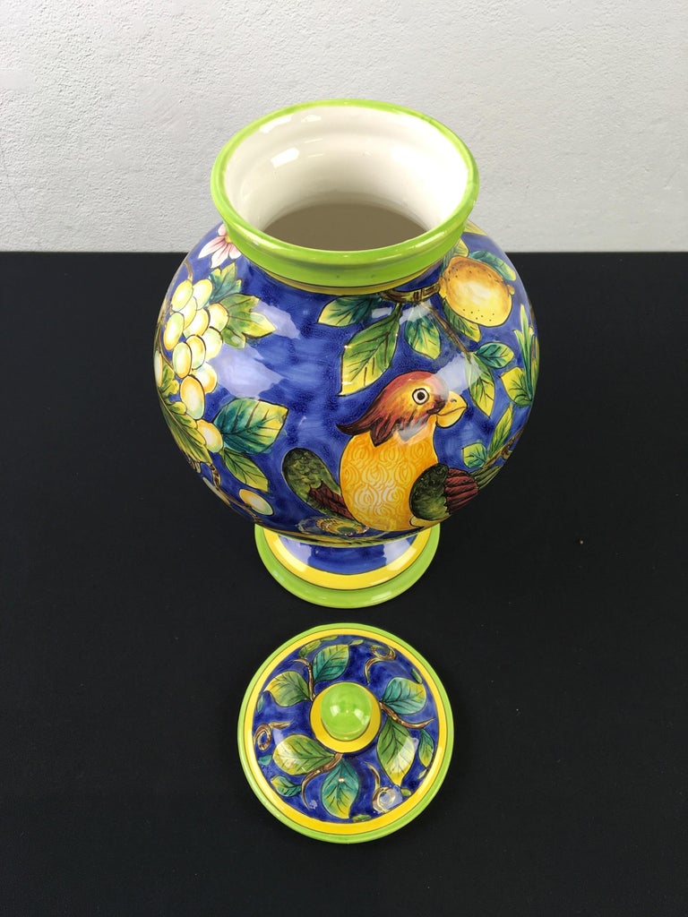 Glazed Blue Ceramic Jar with Bird, Lemons and Lid For Sale at 1stDibs