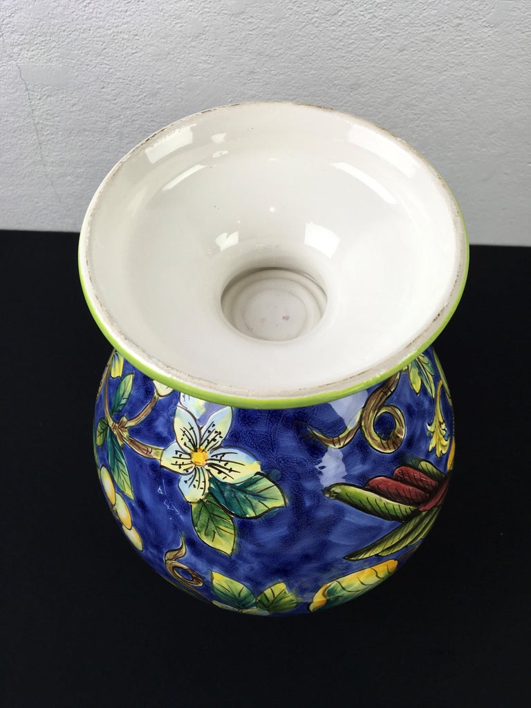 Glazed Blue Ceramic Jar with Bird, Lemons and Lid For Sale at 1stDibs