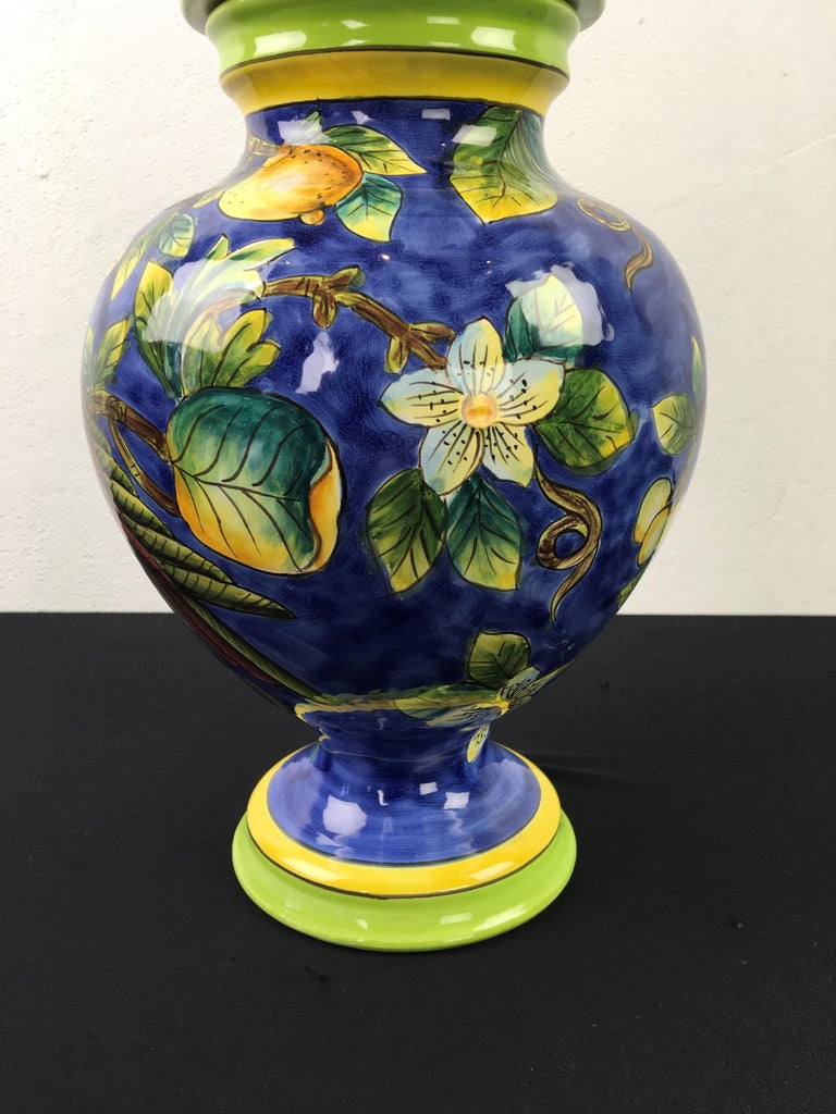 Glazed Blue Ceramic Jar with Bird, Lemons and Lid For Sale at 1stDibs