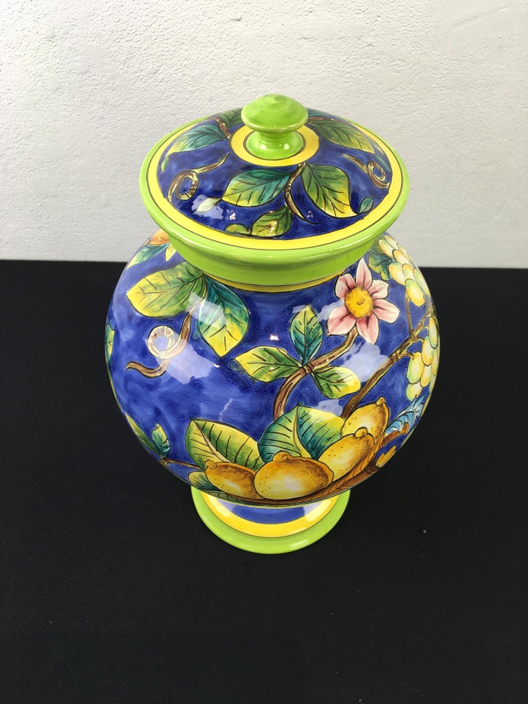 Glazed Blue Ceramic Jar with Bird, Lemons and Lid For Sale at 1stDibs