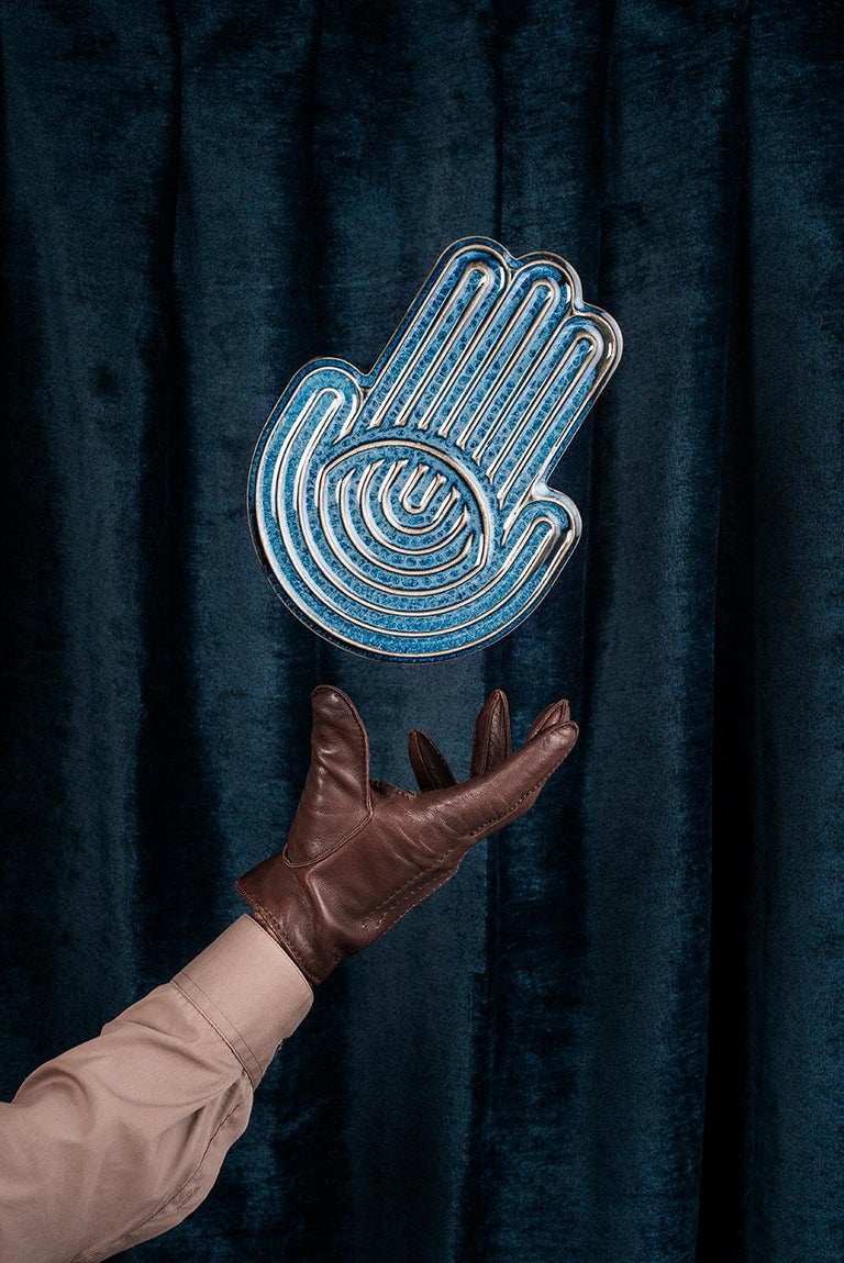 Hamsa Fatima Hand Glazed Blue High Temperature Ceramic Tray For Sale at ...