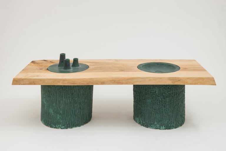 Glazed Ceramic and Wood Coffee Table with Candle Holder and Bowl by Ellen Pong For Sale at 1stDibs