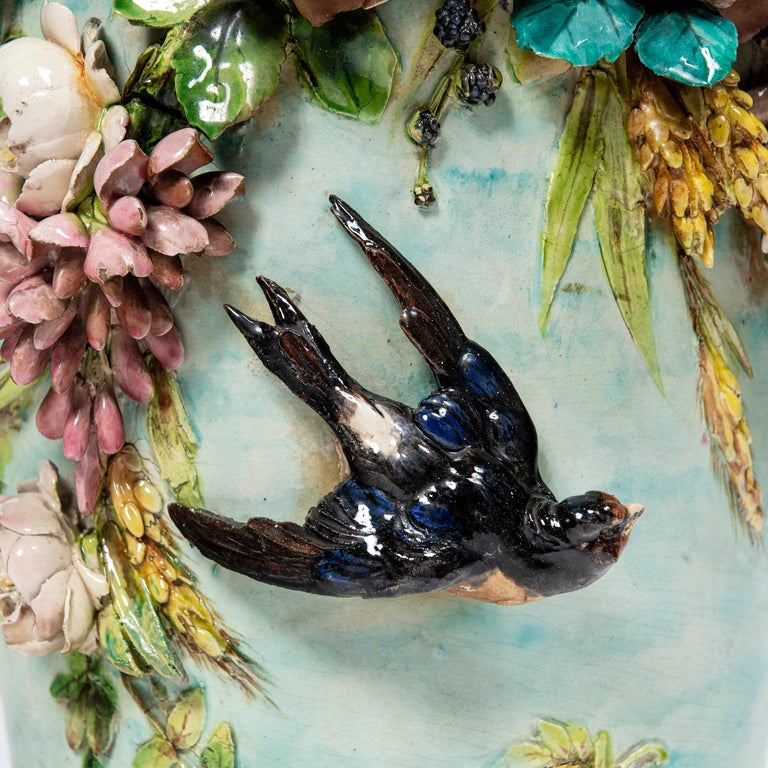 Glazed Ceramic Barbotine Vase with Flowers and Bird, France, circa 1890 ...