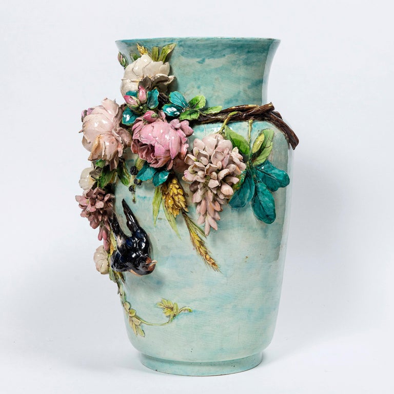 Glazed Ceramic Barbotine Vase with Flowers and Bird, France, circa 1890 ...