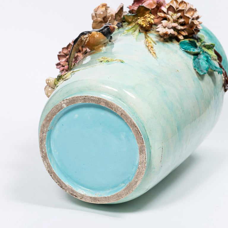 Glazed Ceramic Barbotine Vase with Flowers and Bird, France, circa 1890 ...