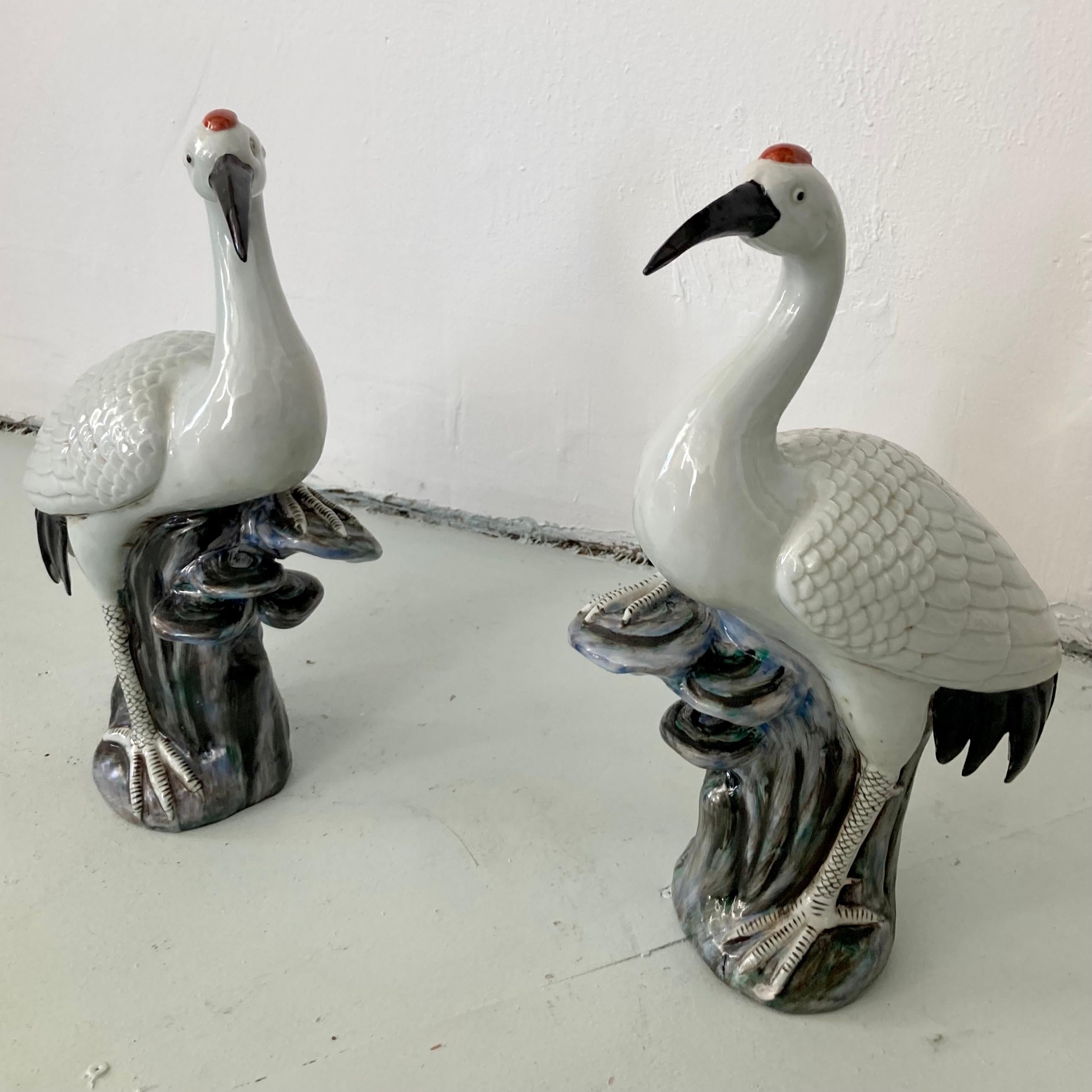 Glazed Ceramic Crane Birds, a Pair For Sale at 1stDibs