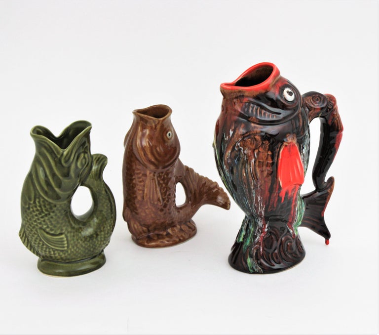Glazed Ceramic Gurgle Fish Jug Tall Pitcher by Vallauris, 1950s For ...