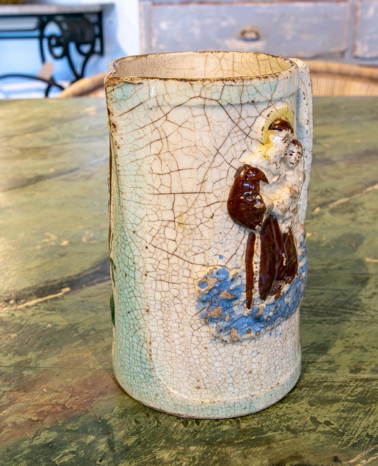 Glazed Ceramic Wine Jug with Monk Decoration For Sale at 1stDibs