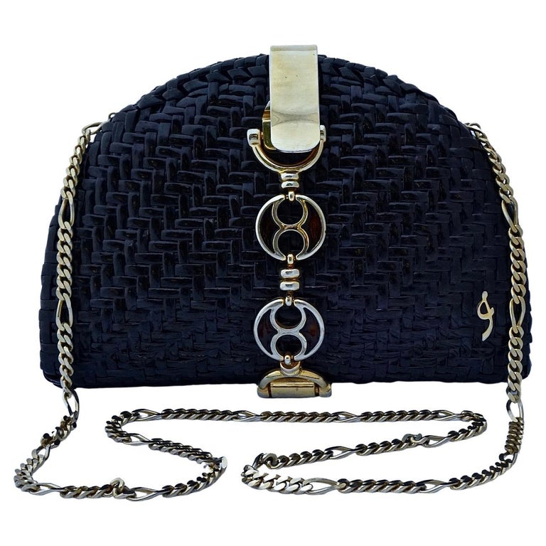 Glazed Dark Navy Blue Wicker Shoulder Bag with Gold Plated Fittings For ...