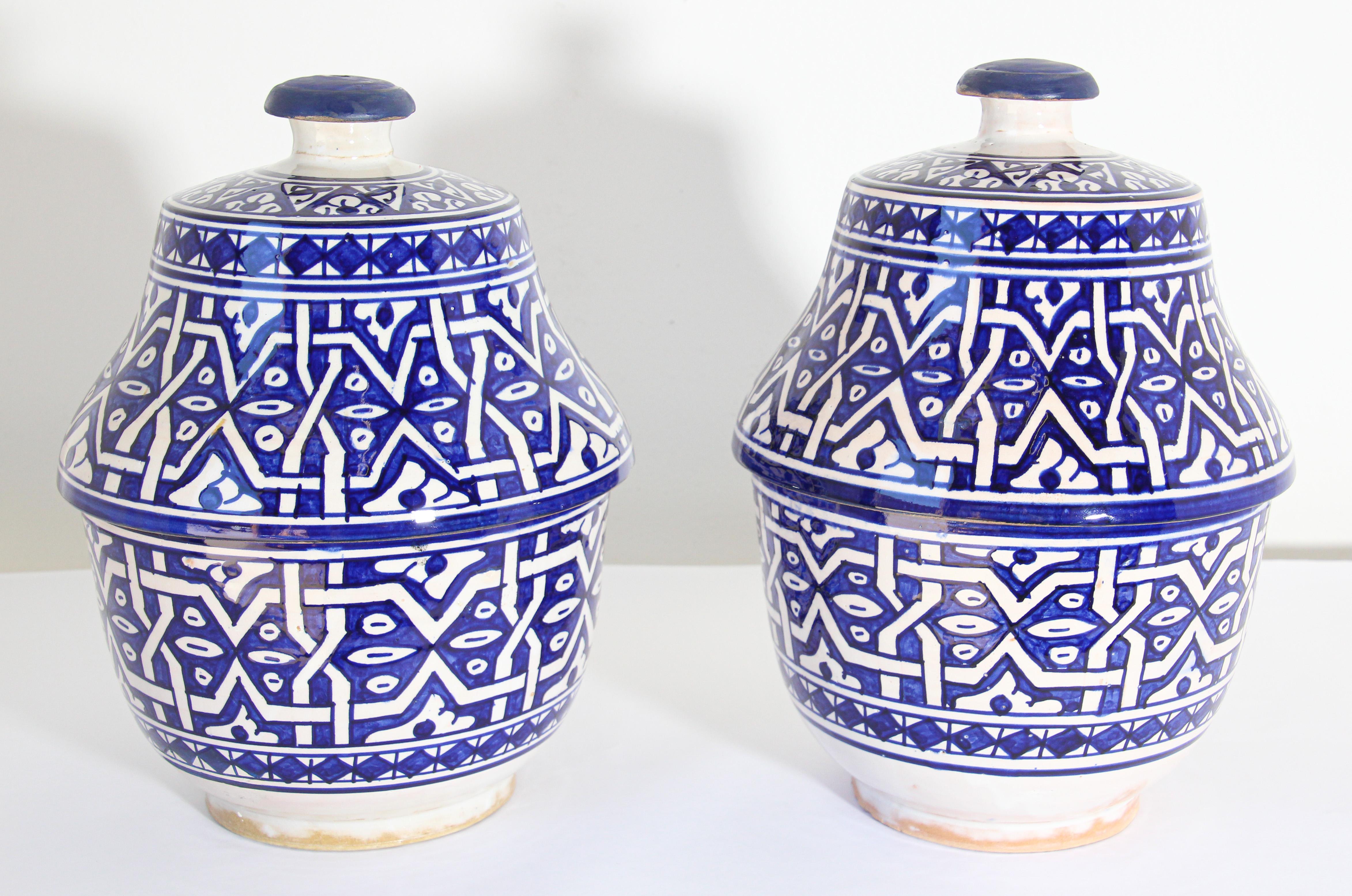 Glazed Royal Blue Covered Jars Handcrafted in Fez Morocco at 1stDibs