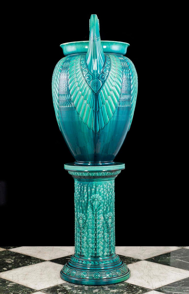Glazed Turquoise Ceramic Jardinière and Stand Designed by Christopher ...