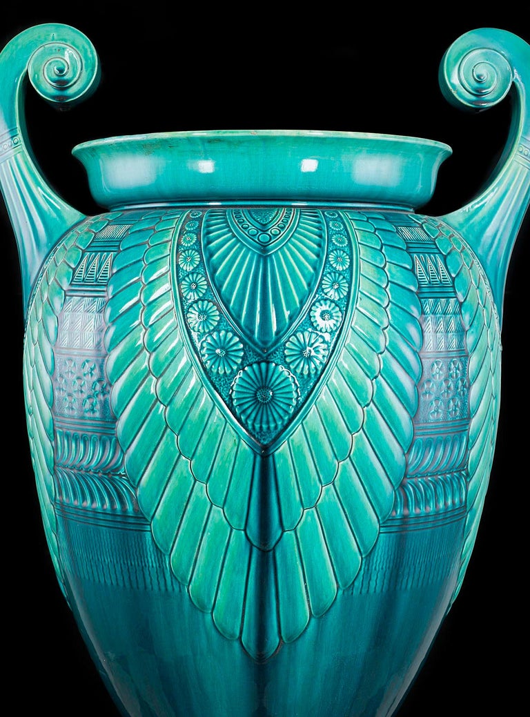 Glazed Turquoise Ceramic Jardinière and Stand Designed by Christopher ...