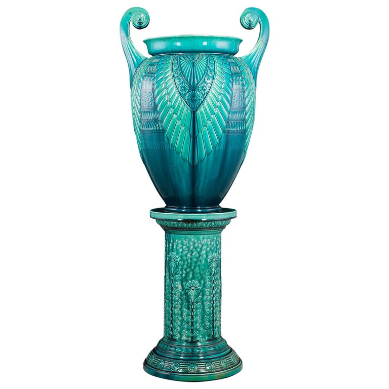 Glazed Turquoise Ceramic Jardinière and Stand Designed by Christopher ...
