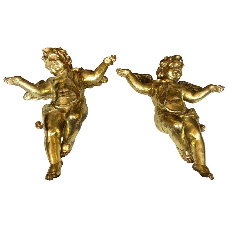 Glistening Pair of Decorative Gilded Rococo Cherub Sculptures at 1stDibs