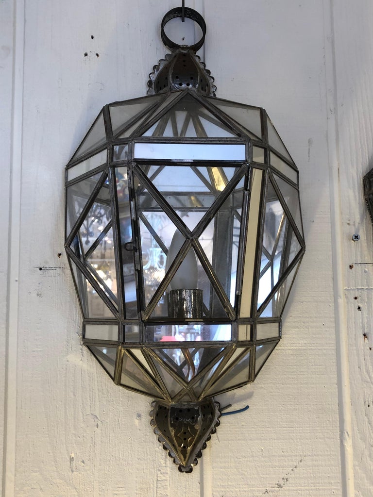 Glittering Pair of Tin Glass and Mirrored Faceted Lantern Sconces For ...