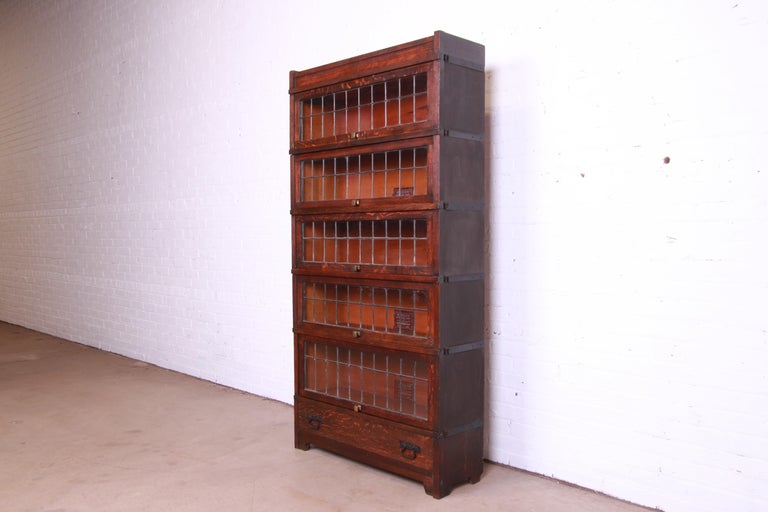 Globe Wernicke Antique Mission Oak Five-Stack Leaded Glass Barrister Bookcase at 1stDibs