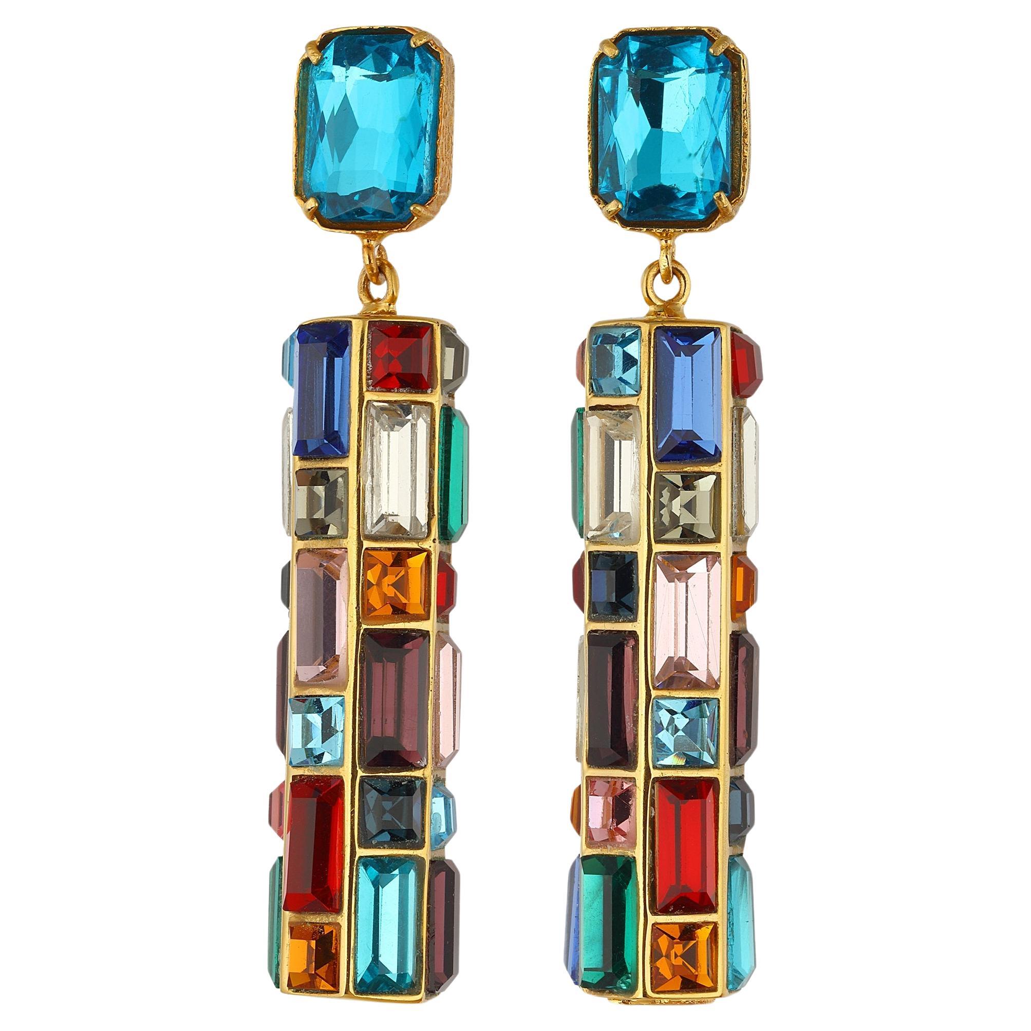 Cher Drop Earrings - Deep Blue With Multicolor Drops For Sale at 1stDibs