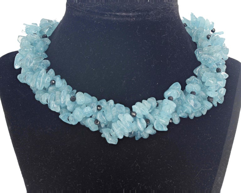 AJD Multi-Strand Splendid Natural Aquamarine and Diamond Encrusted Clasp Necklace For Sale at ...