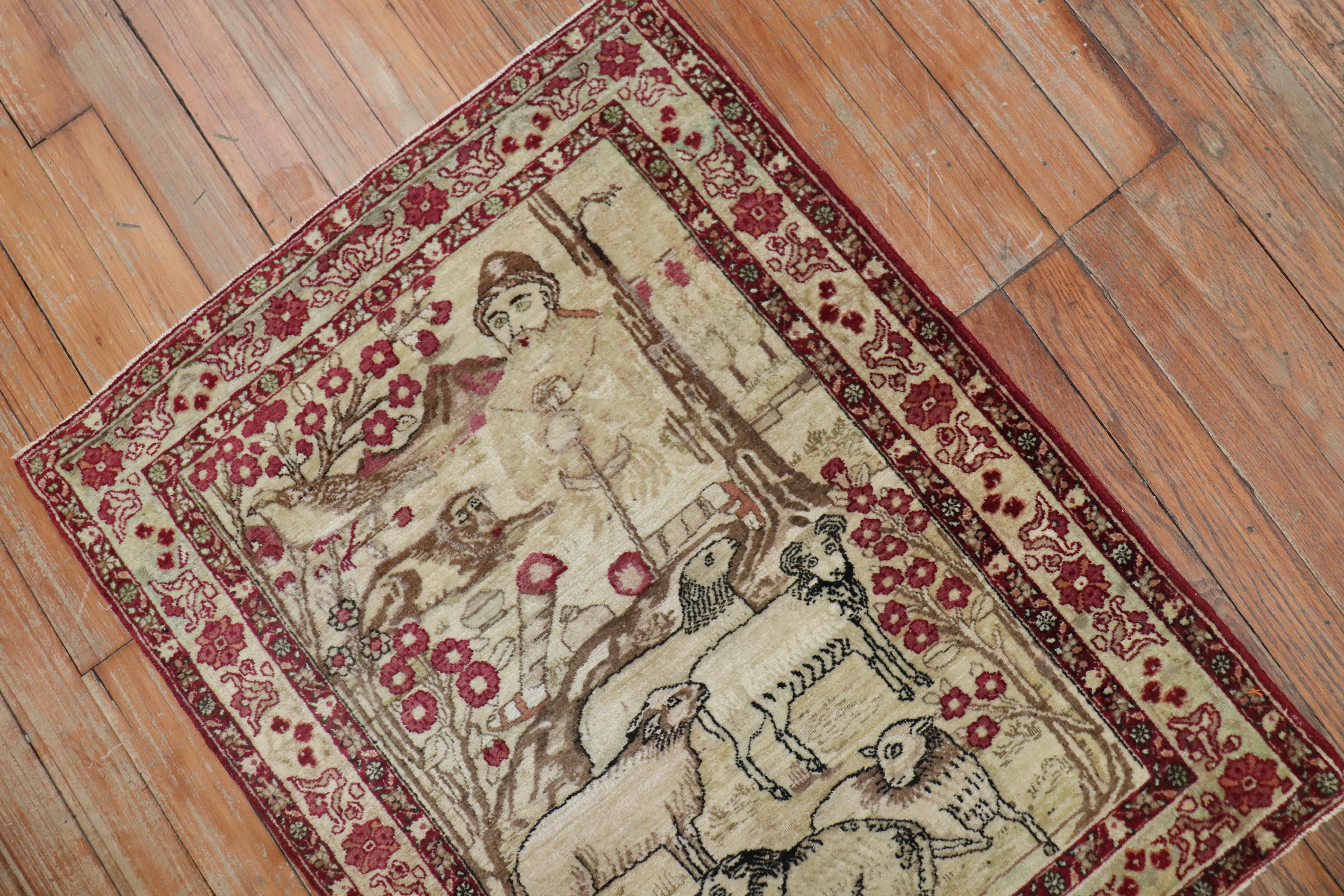 Goat Sheep Shephard Pictorial Persian Kerman Mini Mat Rug at 1stDibs