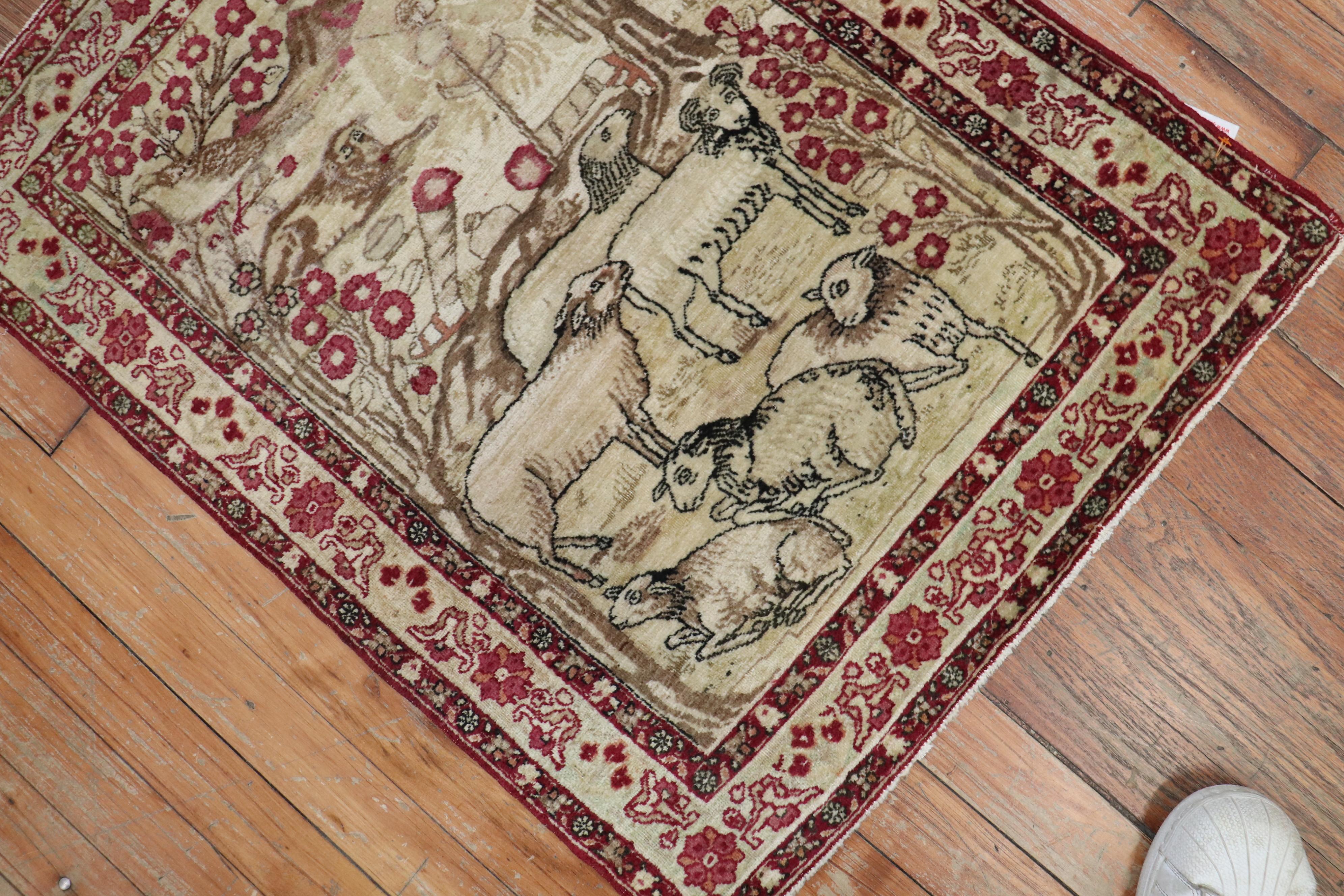 Goat Sheep Shephard Pictorial Persian Kerman Mini Mat Rug at 1stDibs