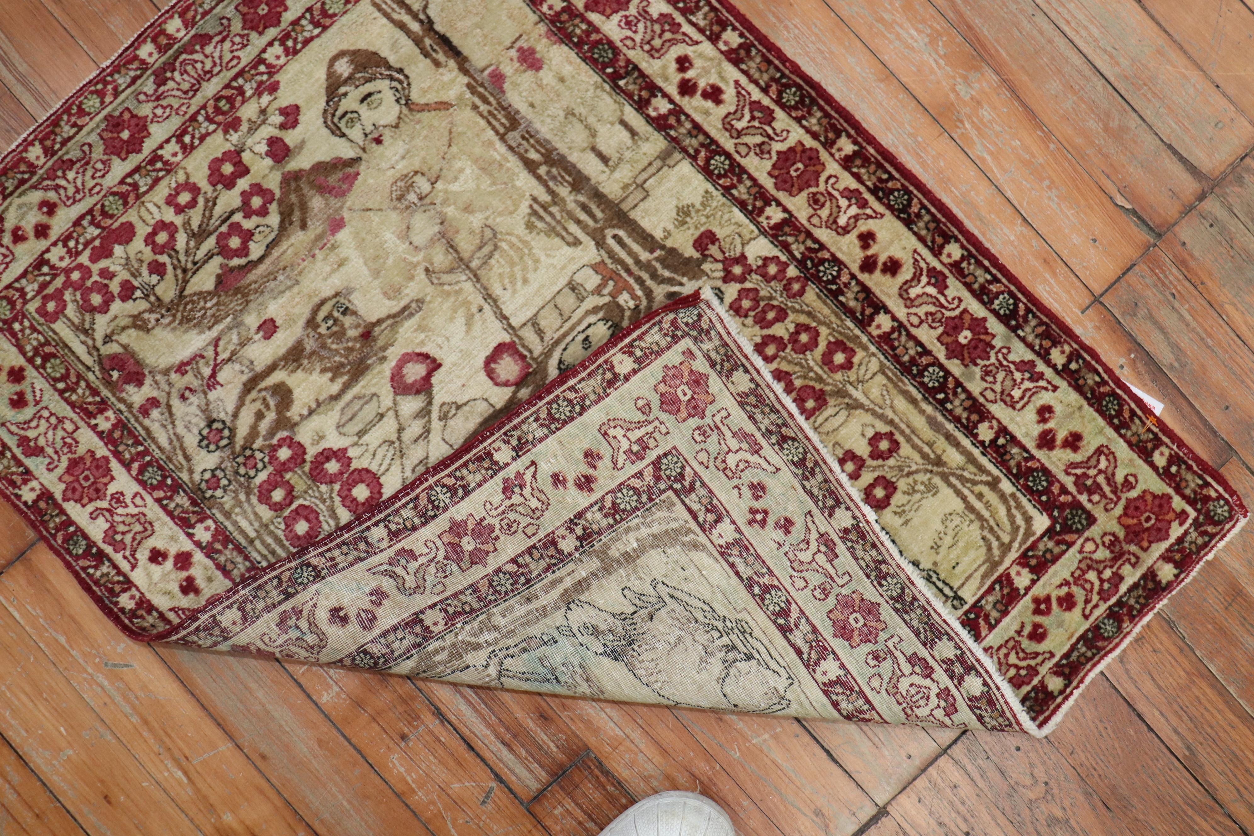 Goat Sheep Shephard Pictorial Persian Kerman Mini Mat Rug at 1stDibs