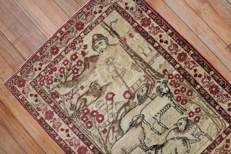 Goat Sheep Shephard Pictorial Persian Kerman Mini Mat Rug at 1stDibs