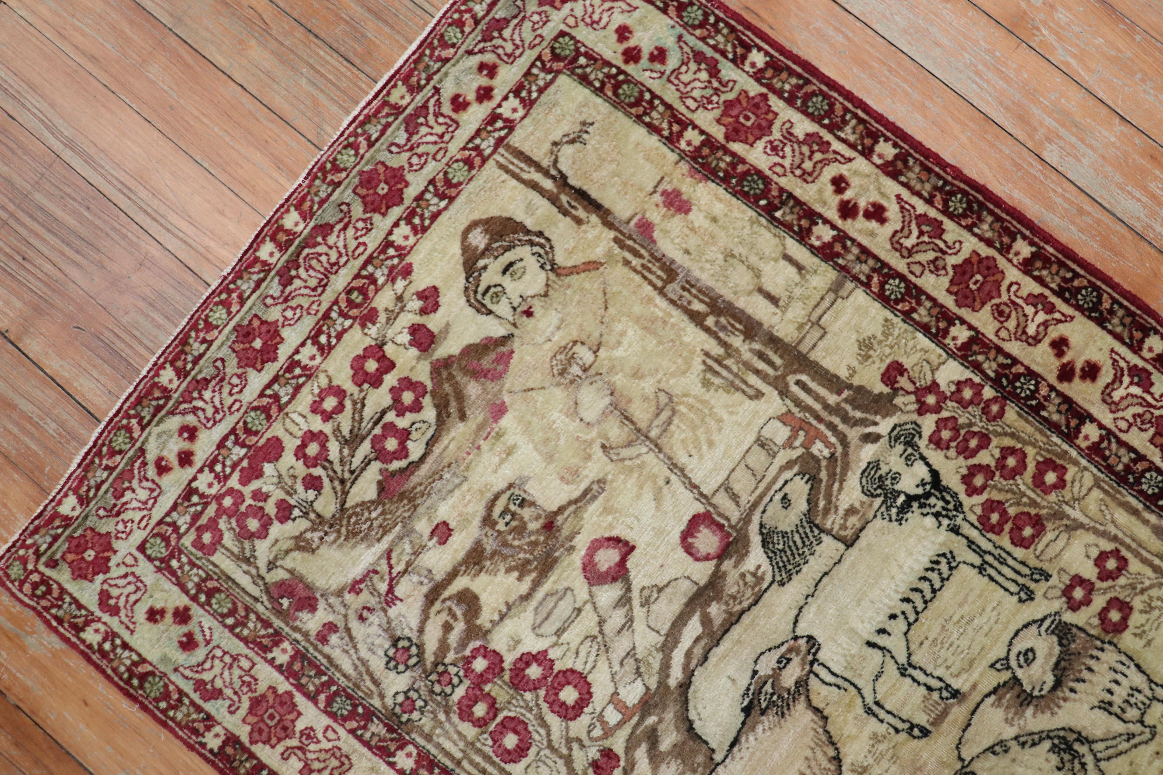 Goat Sheep Shephard Pictorial Persian Kerman Mini Mat Rug at 1stDibs