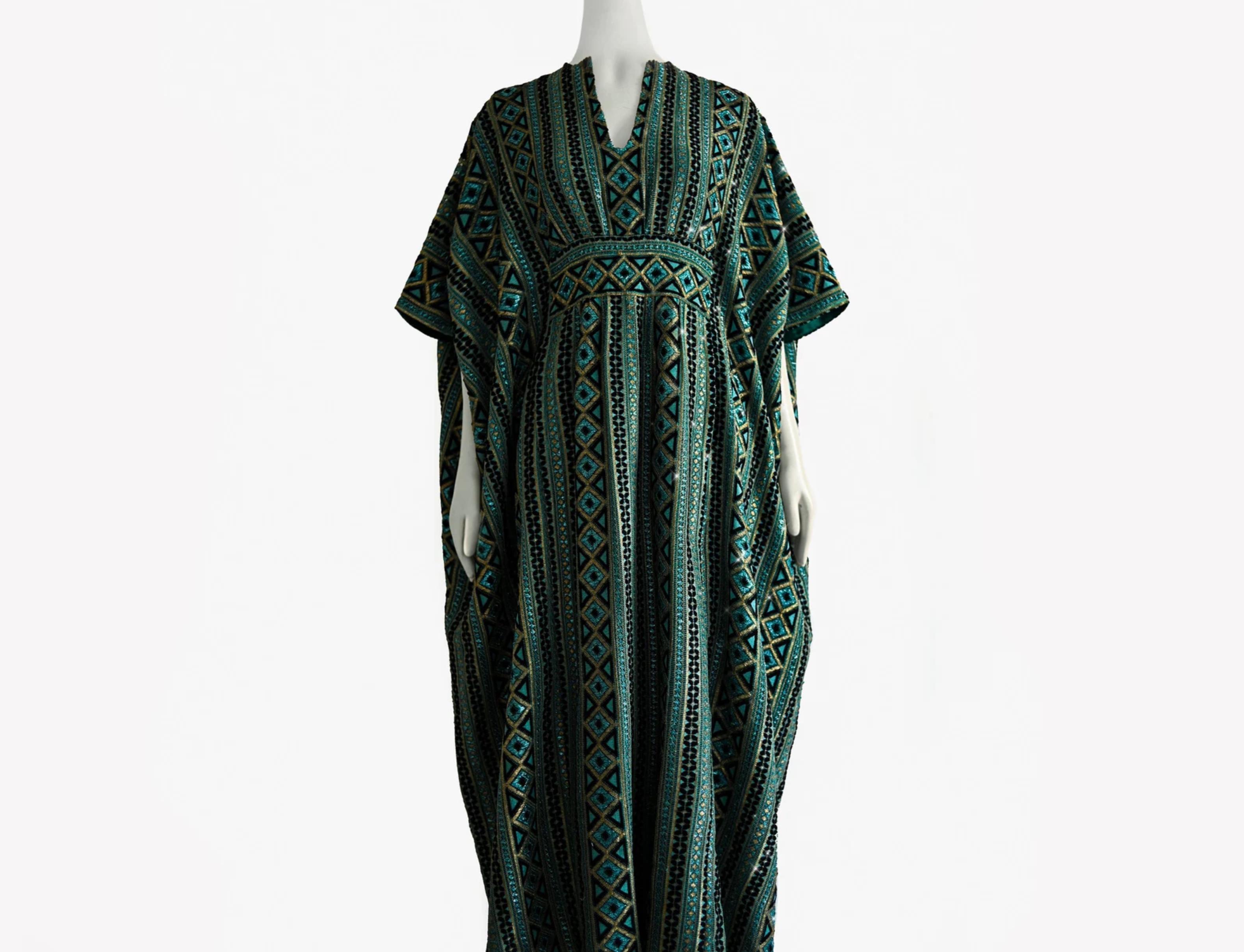 GODDESS 1970s Vintage Kaftan Green Gold Glitter Lamé Dress Maxi 70s 60s Sparkle For Sale at 1stDibs
