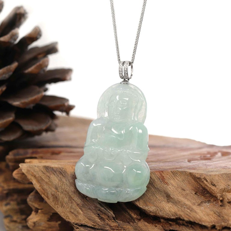 "Goddess of Compassion" Burmese Jadeite Jade Guanyin Pendant with 14k ...