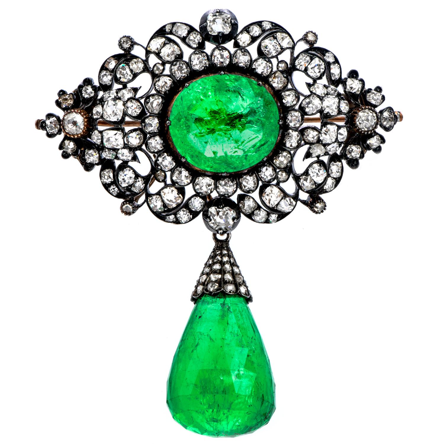 Victorian Emerald Diamond Silver Gold Pin Pendant For Sale at 1stDibs